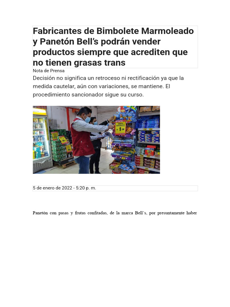 Bimbolete y Panetón Bell's: Venta Permitida | PDF | Perú | Protección ...