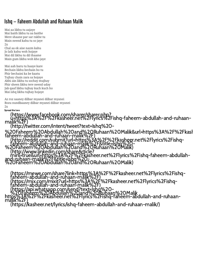 Ishq - Faheem Abdullah and Ruhaan Malik - Lyrics | PDF