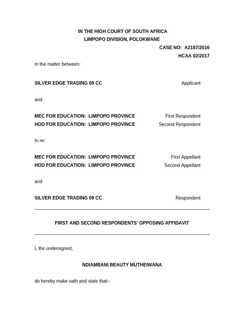 SILVER EDGE V MEC EDUCATION LIMPOPO - OPPOSING AFFIDAVIT 17 SEPTEMBER ...