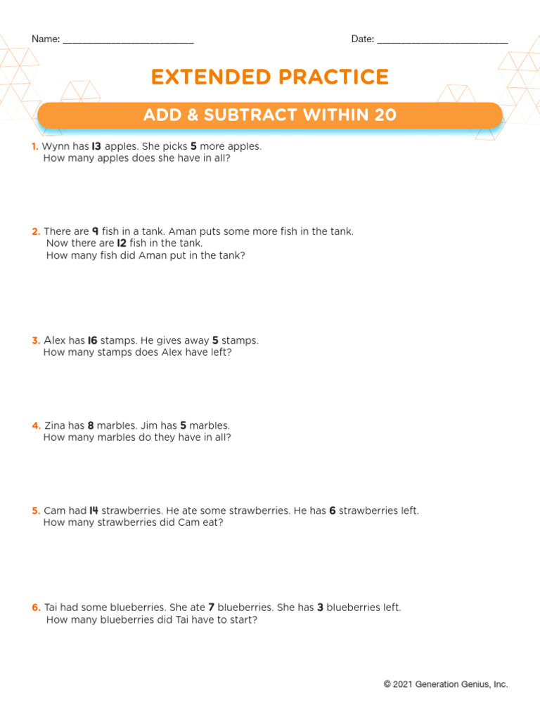 GG - Add and Subtract Within 20 - Practice2 | PDF
