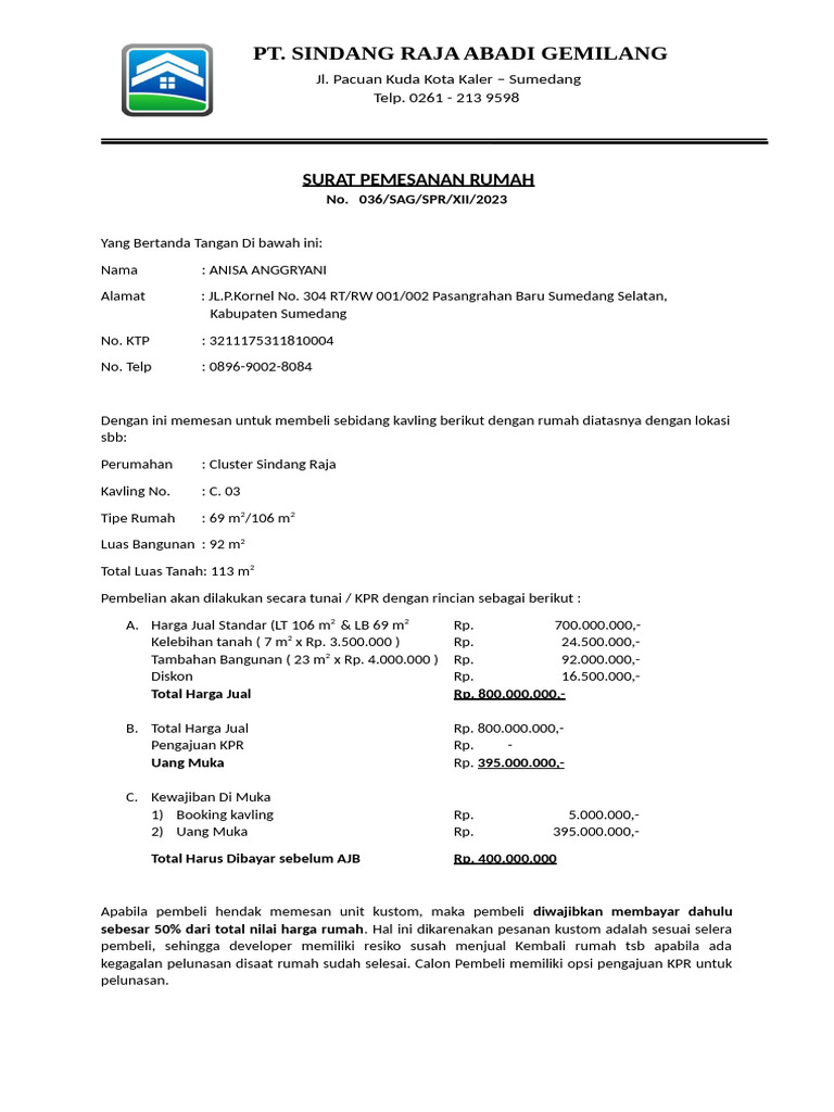 Surat Pemesanan Rumah (1) | PDF