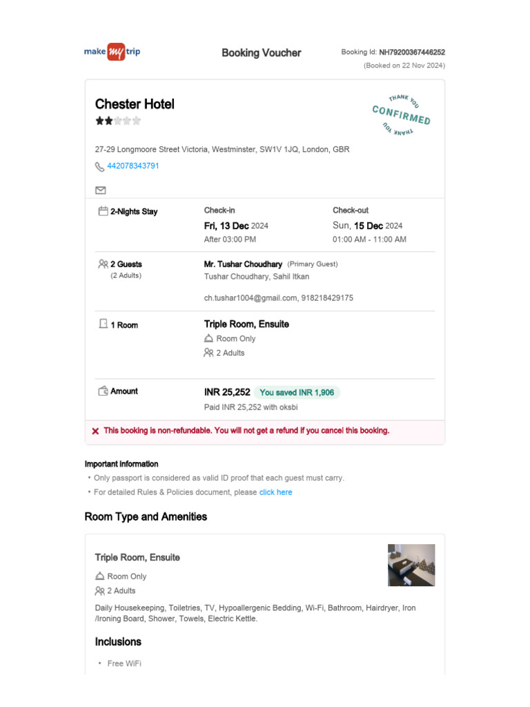 Triple Room Booking at Chester Hotel | PDF | Credit Card | Debit Card
