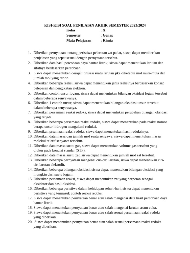Kisi-kisi Soal PAS Kimia Kelas X Smt Genap | PDF