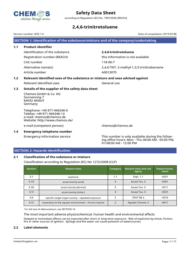 Safety Data Sheet 2,4,6-Trinitrotoluene | PDF | Dangerous Goods | Toxicity