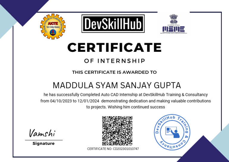 MADDULA SYAM SANJAY GUPTA Internship Completion Certificate | PDF