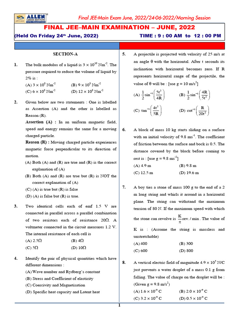 2406 PCM Test Paper Morning Final | PDF | Capacitor | Inductor