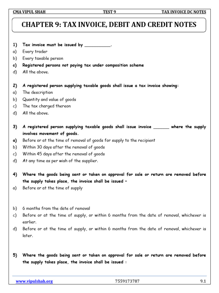 Test 9 - Tax Invoice Debit & Credit Note Test Paper | PDF | Taxes | Invoice