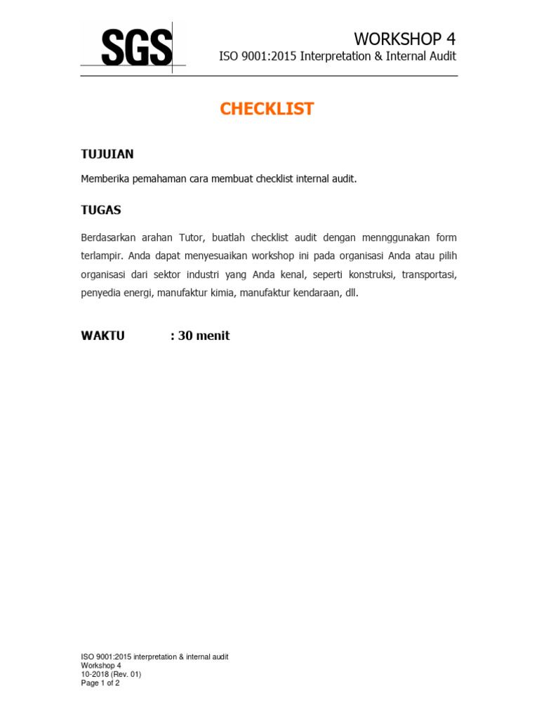 ISO 9001:2015 Audit Checklist Workshop | PDF