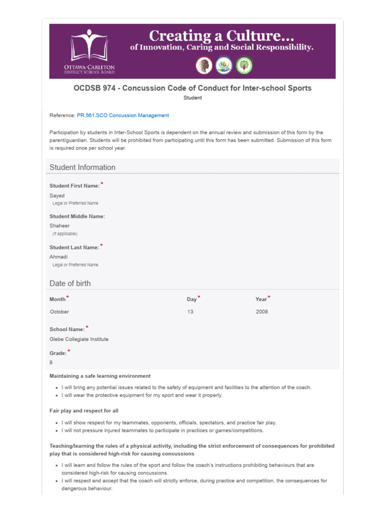 OCDSB Concussion Code of Conduct | PDF | Concussion