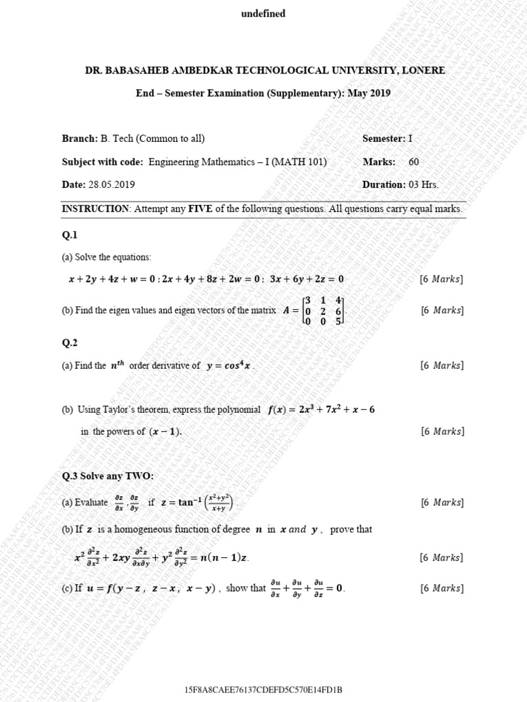 Engineering Mathematics - I - Supplementary | PDF