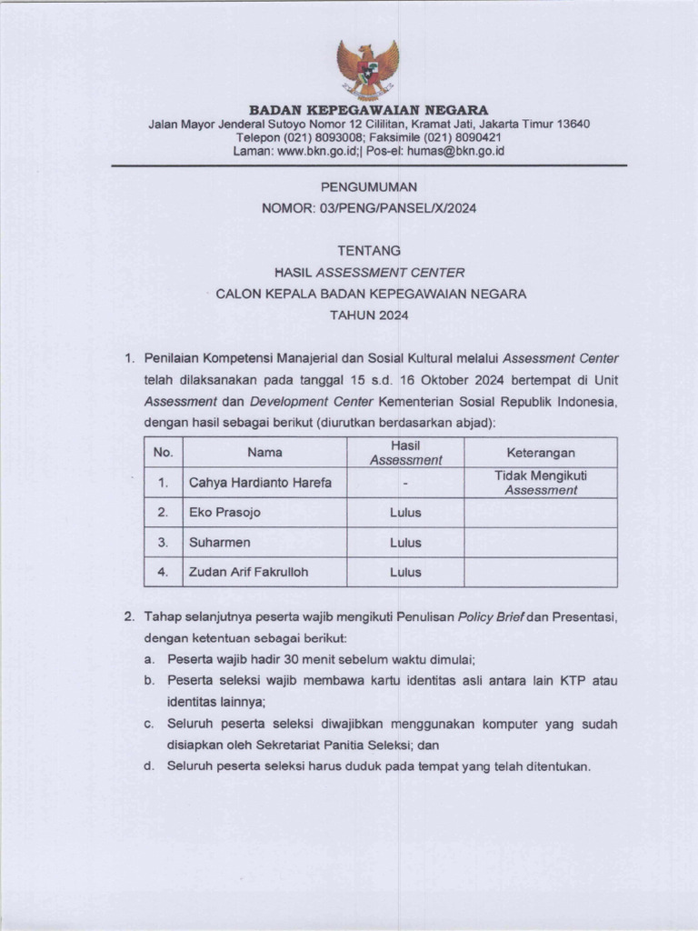Pengumuman Hasil Assessment Center Calon Kepala BKN | PDF