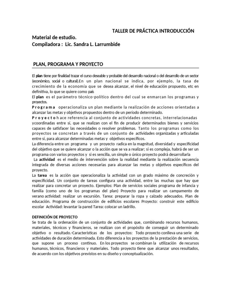 Plan. Programa y Proyecto | PDF | Presupuesto | Evaluación