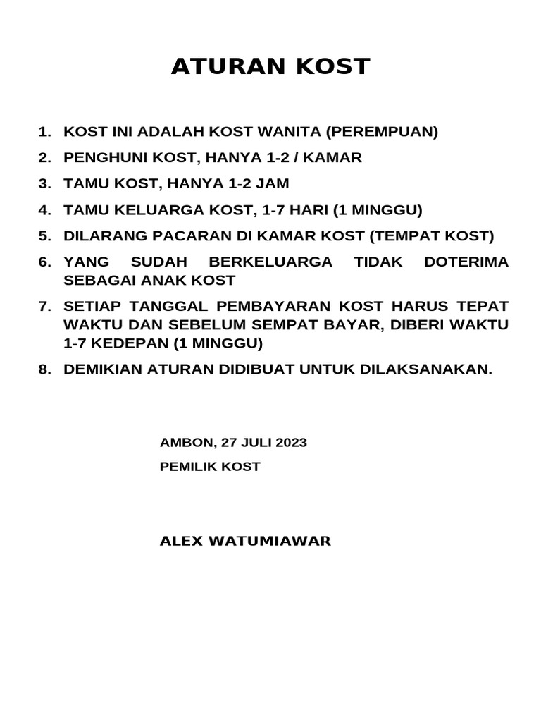 Aturan Kost | PDF