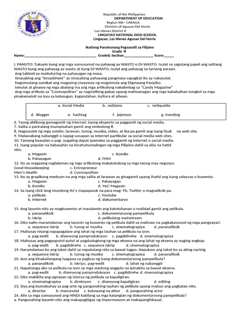 Filipino 8 3rd Quarter Examination | PDF