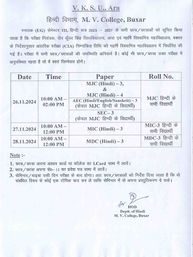 UG Sem. III Session 2023 2027 Hindi MJCMICMDC Internal Exam 2024 | PDF