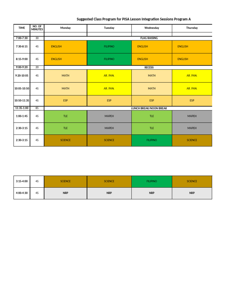 PISA Lesson Integration Class Schedule | PDF