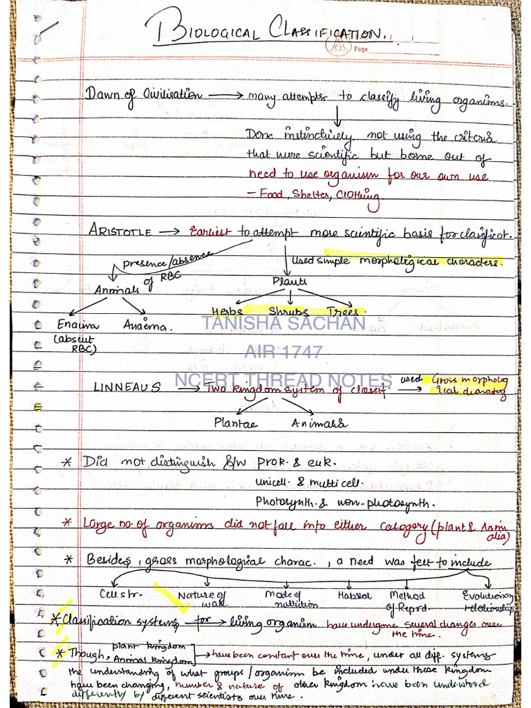 Biological Classification NCERT THREAD NOTES | PDF