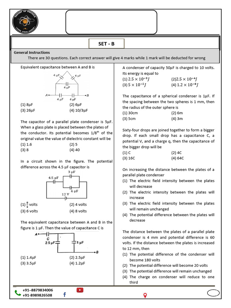 Capacitance and Current Electricity Test | PDF | Capacitance | Capacitor