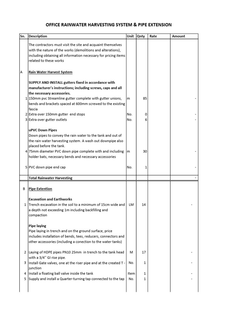 Boq-Office Rainwater Harvesting Systen and Pipe Extension. | PDF | Pipe (Fluid Conveyance ...