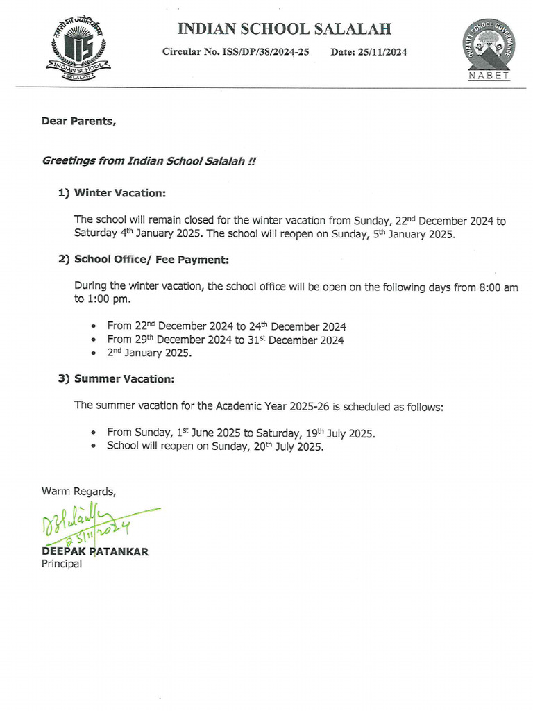 Circular - Winter & Summer Vacation | PDF