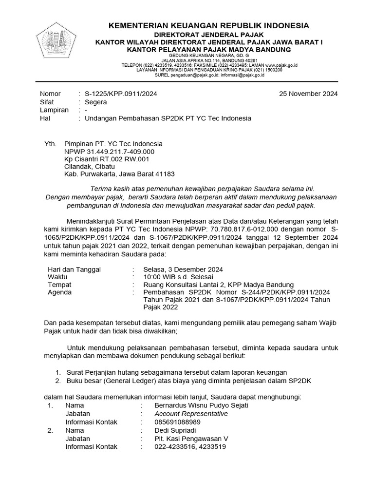 Undangan Pembahasan SP2DK PT YC Tec Indonesia | PDF