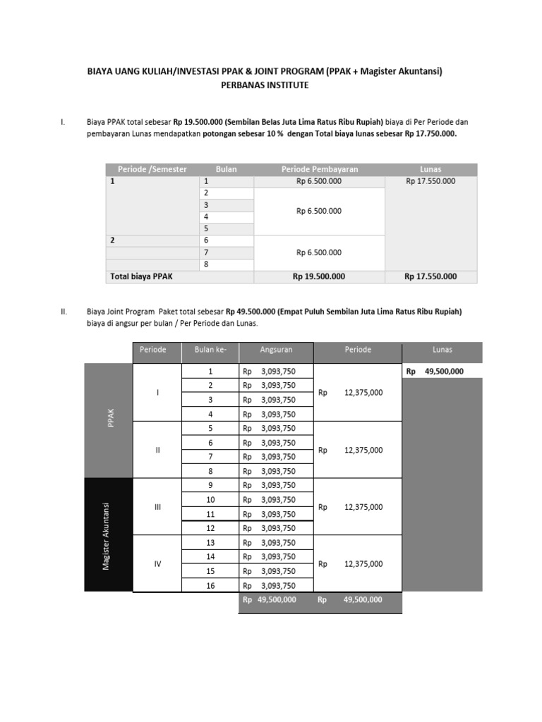Brosur Rincian Biaya PPAK & Joint Program | PDF