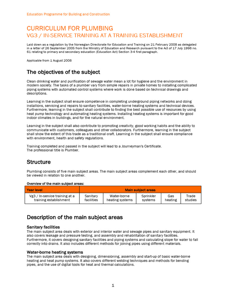 wg1 Annex 2 Curriculum For Plumbing Norway | PDF | Plumbing | Pipe ...