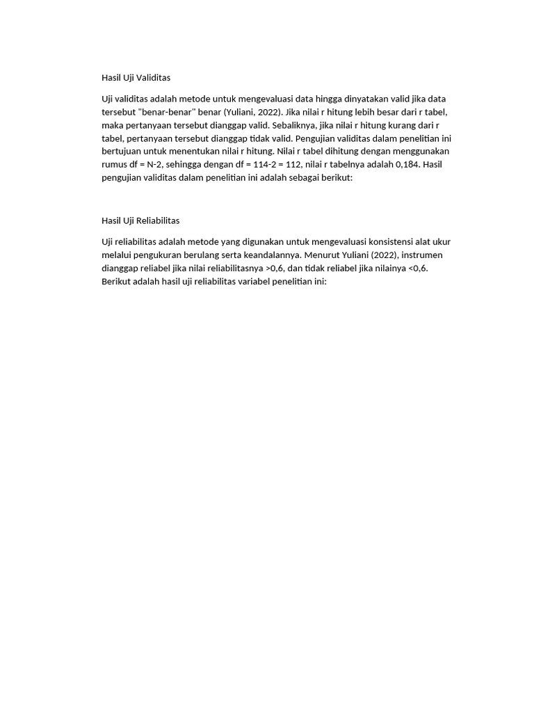 Hasil Uji Validitas Penjelasan | PDF