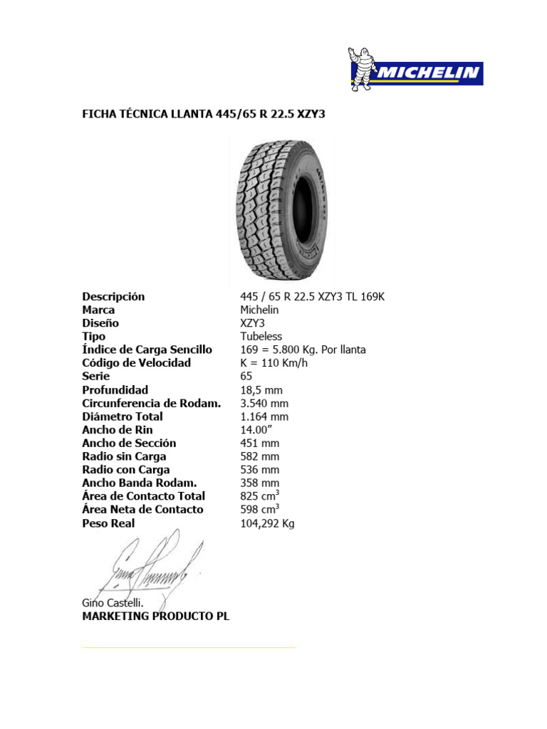 Ficha Técnica Llanta Michelin XZY3 445/65 R22.5 | PDF