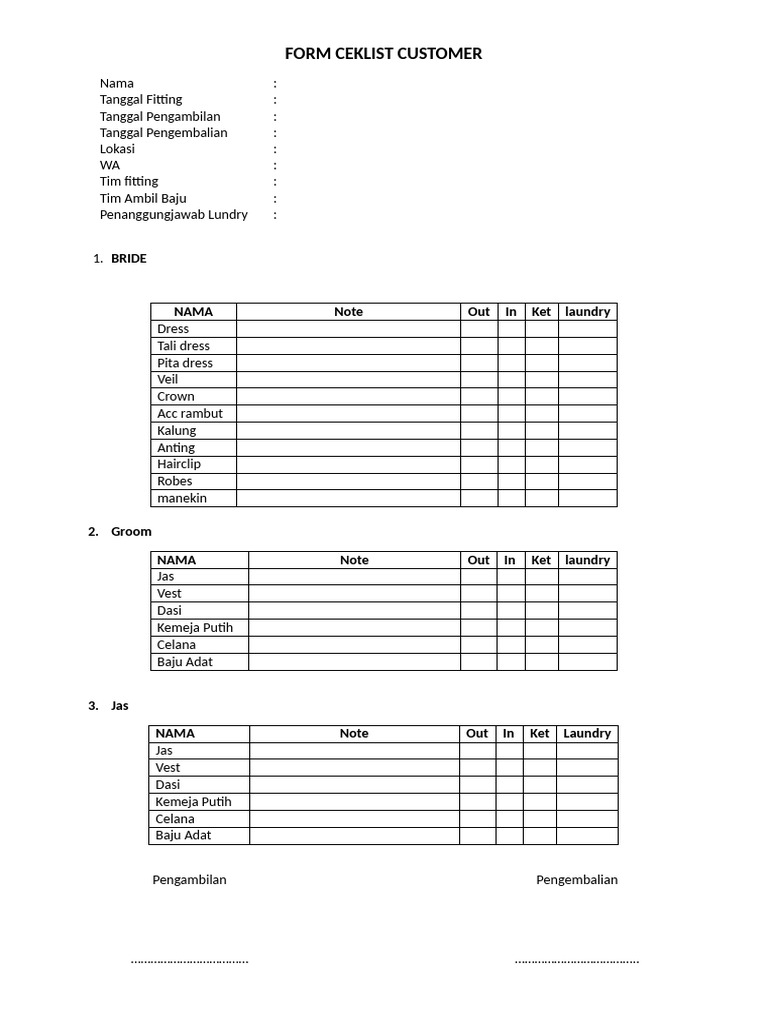 Form Ceklist Customer Bridal | PDF
