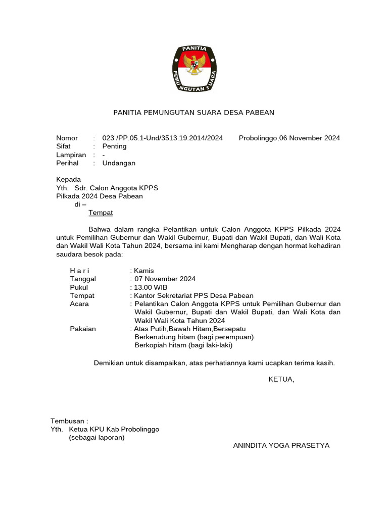 Undangan Pelantikan KPPS Pilkada 2024 | PDF