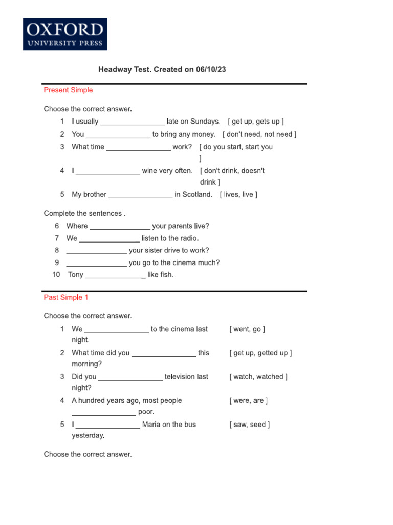 Basic Tenses Test | PDF