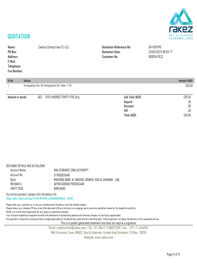 RAK Economic Zone Quotation Details | PDF | United Arab Emirates | Banks