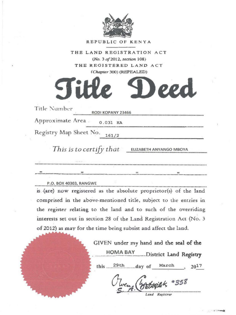 Elizabeth Mboya Title Deed | PDF