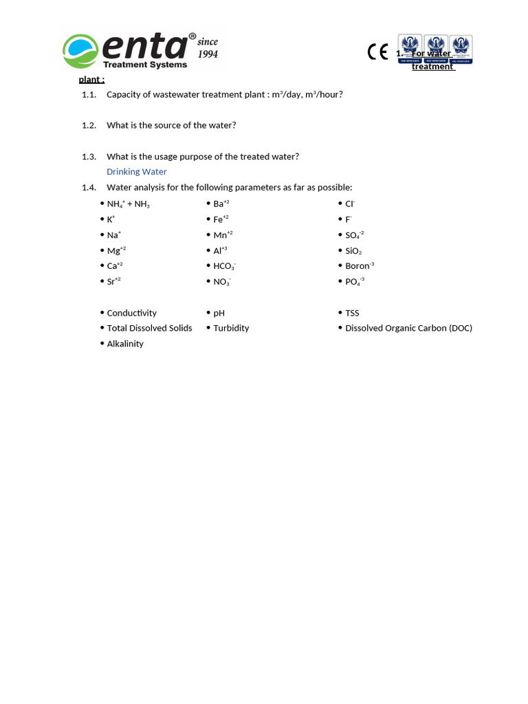 Questionnaire Water Treatment | PDF