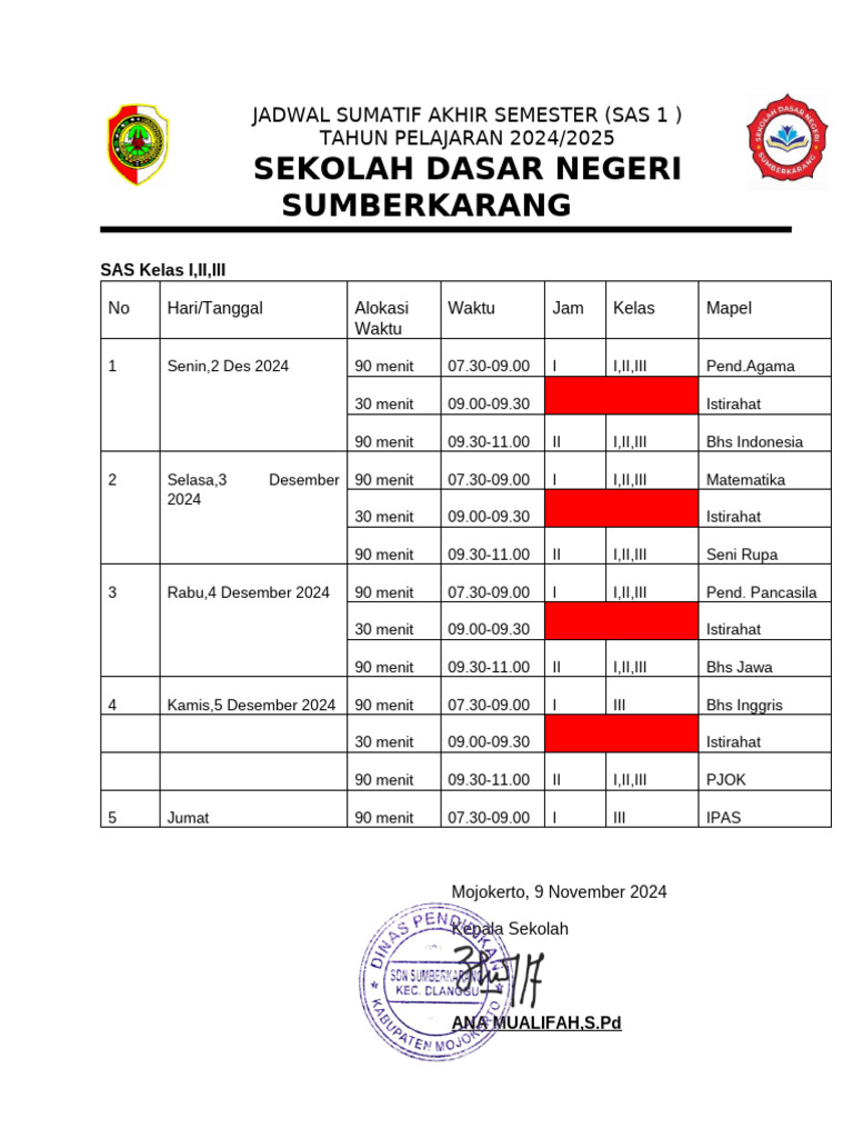 Jadwal Sas 1 2024-2025 | PDF