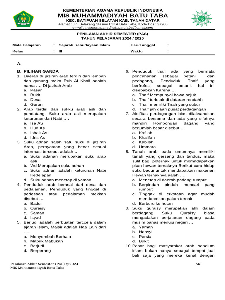 Soal Ski Kelas 3 2024-2025 | PDF