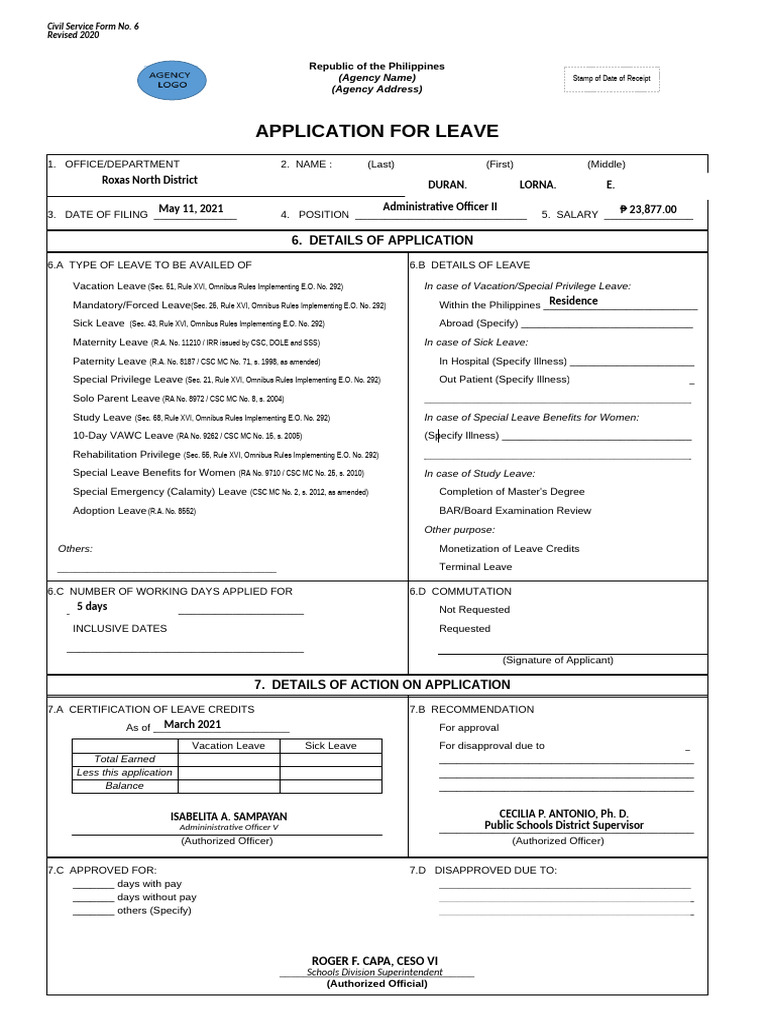 CS Form No. 6 Revised 2020 Application for Leave Fillable | PDF ...