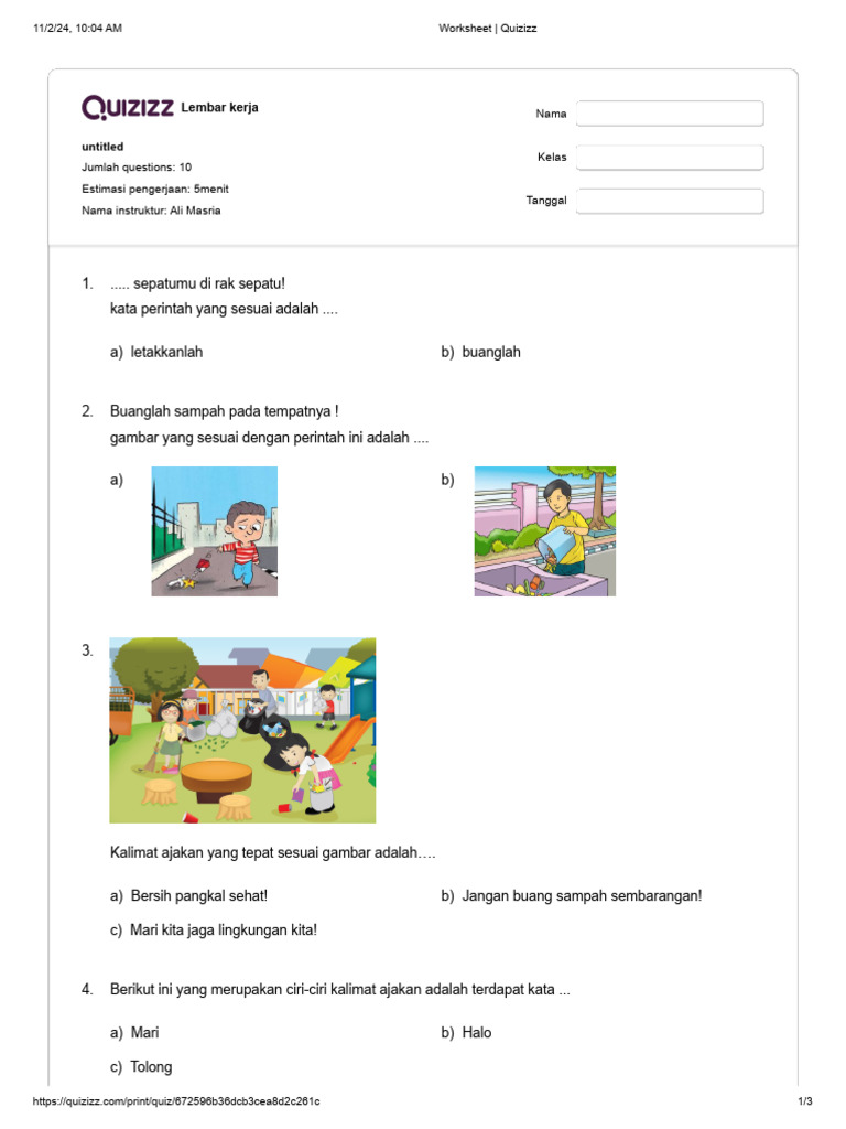 Worksheet _ Quizizz | PDF