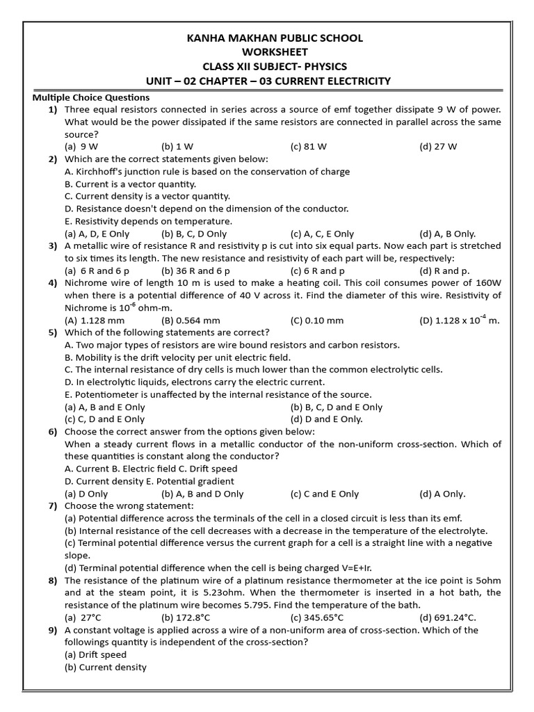 New Worksheet Science Class - 12 | PDF | Electrical Resistance And ...