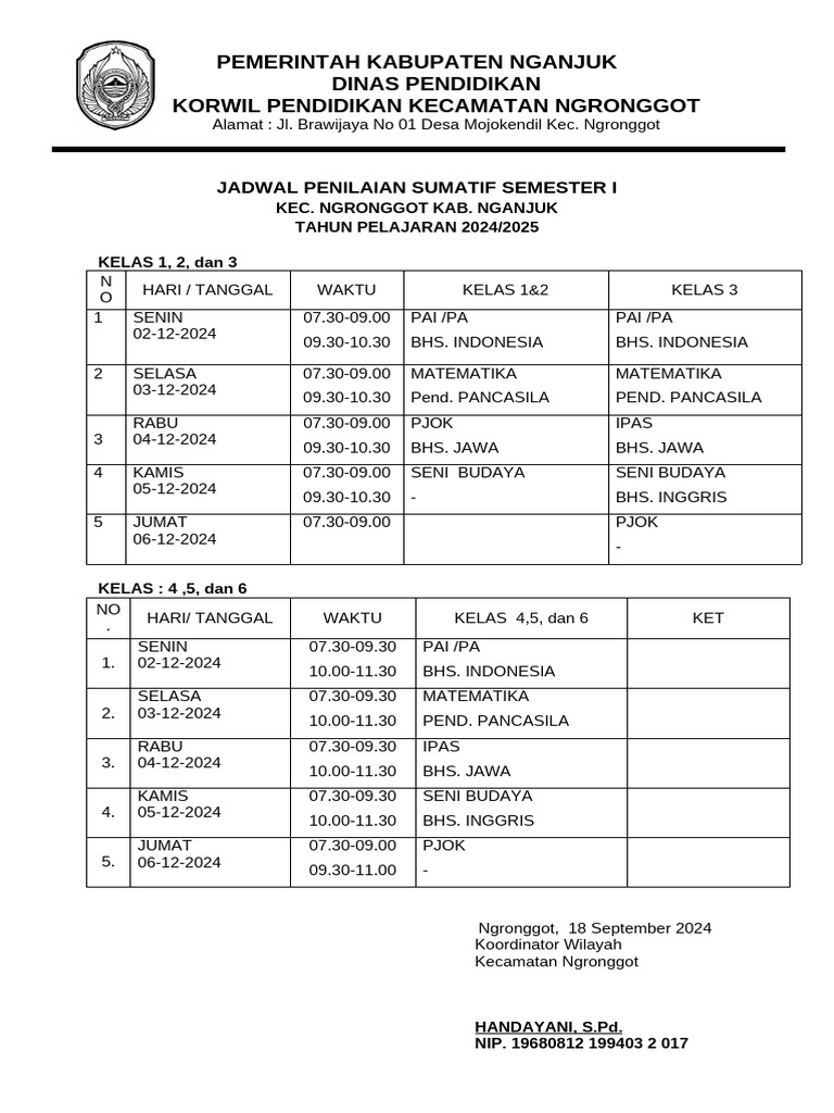 Jadwal Penilaian Sumatif Semester I 2024-2025 | PDF