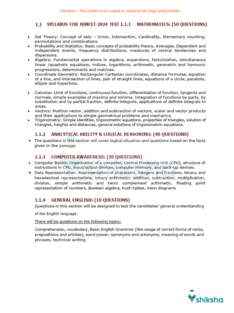 syllabus of nimcet | PDF | Equations | Function (Mathematics)