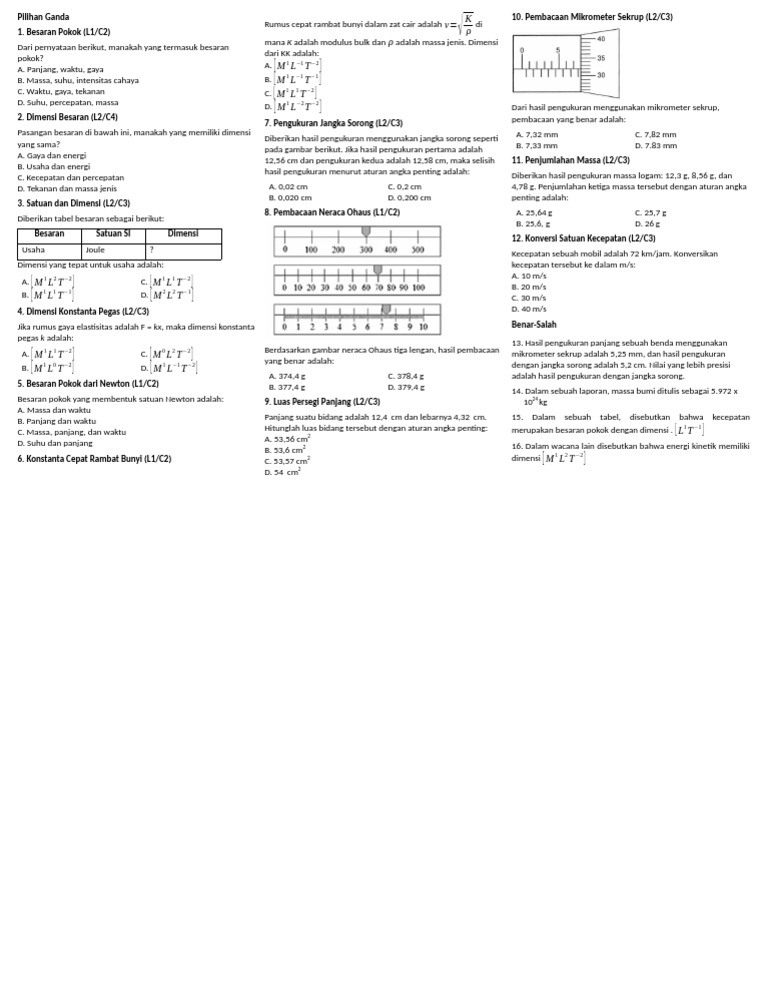 Contoh Soal Pilihan Ganda Dan Benar Salah Fisika "Besaran Dan ...