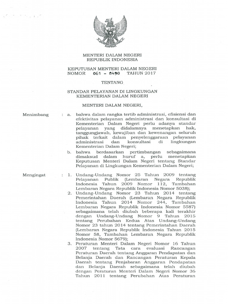 Kepmendagri No 061-8490 Tahun 2017 TTG Standar Pelayanan | PDF