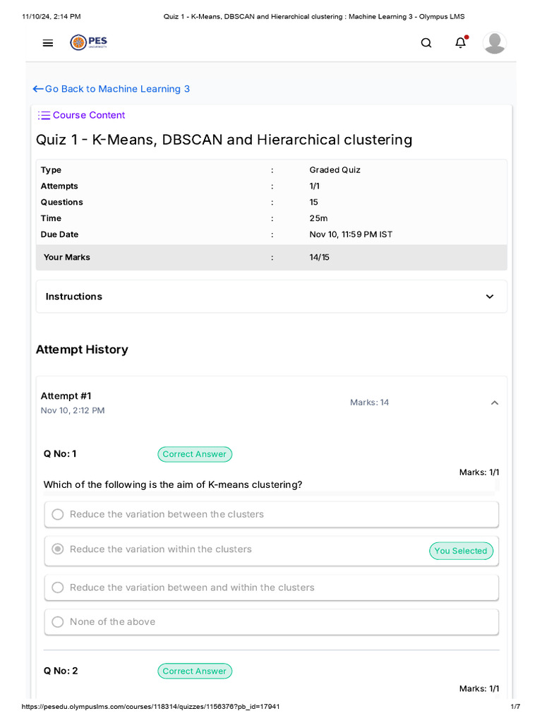 Ajith-Quiz 1 - K-Means, DBSCAN and Hierarchical Clustering - Machine Learning 3 - Olympus LMS ...