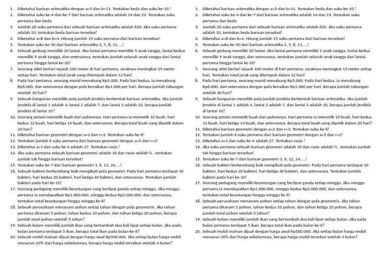 Latihan Soal Barisan Dan Deret Aritmatika Dan Geometri | PDF