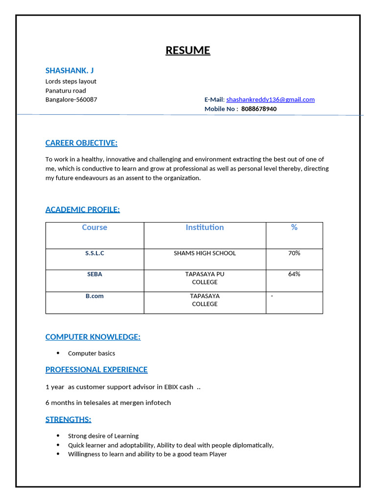 SHASHANK. J resume 1 | PDF