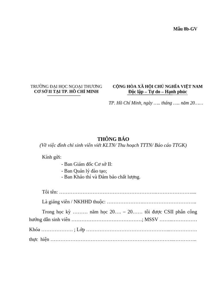 Mau 8b - GV. TB Dinh Chi Viec Viet KLTN Va TTTN Cua SV | PDF