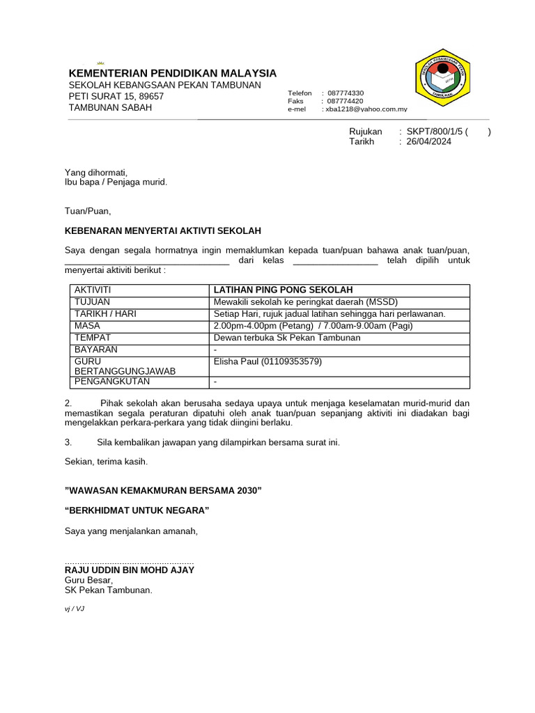 Kebenaran Ibu Bapa OLAHRAGA DAN SURAT MAKLUMAN | PDF