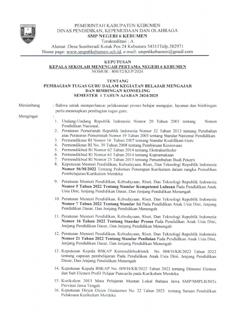 Revisi SK Pembagian Tugas KBM TA 2024, 2025 | PDF